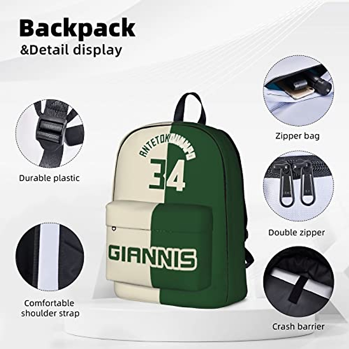 VIHIRA Milwaukee-Giannis-Antetokounmpo#34 Basketball Backpack School Bag Adjustable Large Capacity Leisure Book Bag Unisex