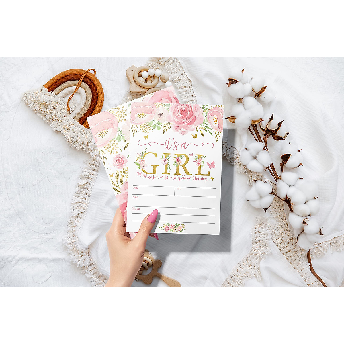 Your Main Event Prints It's a Girl Floral Butterfly Baby Shower Invitation, Pink and Gold Flowers Sprinkle Invites with Diaper Raffle Ticket Cards