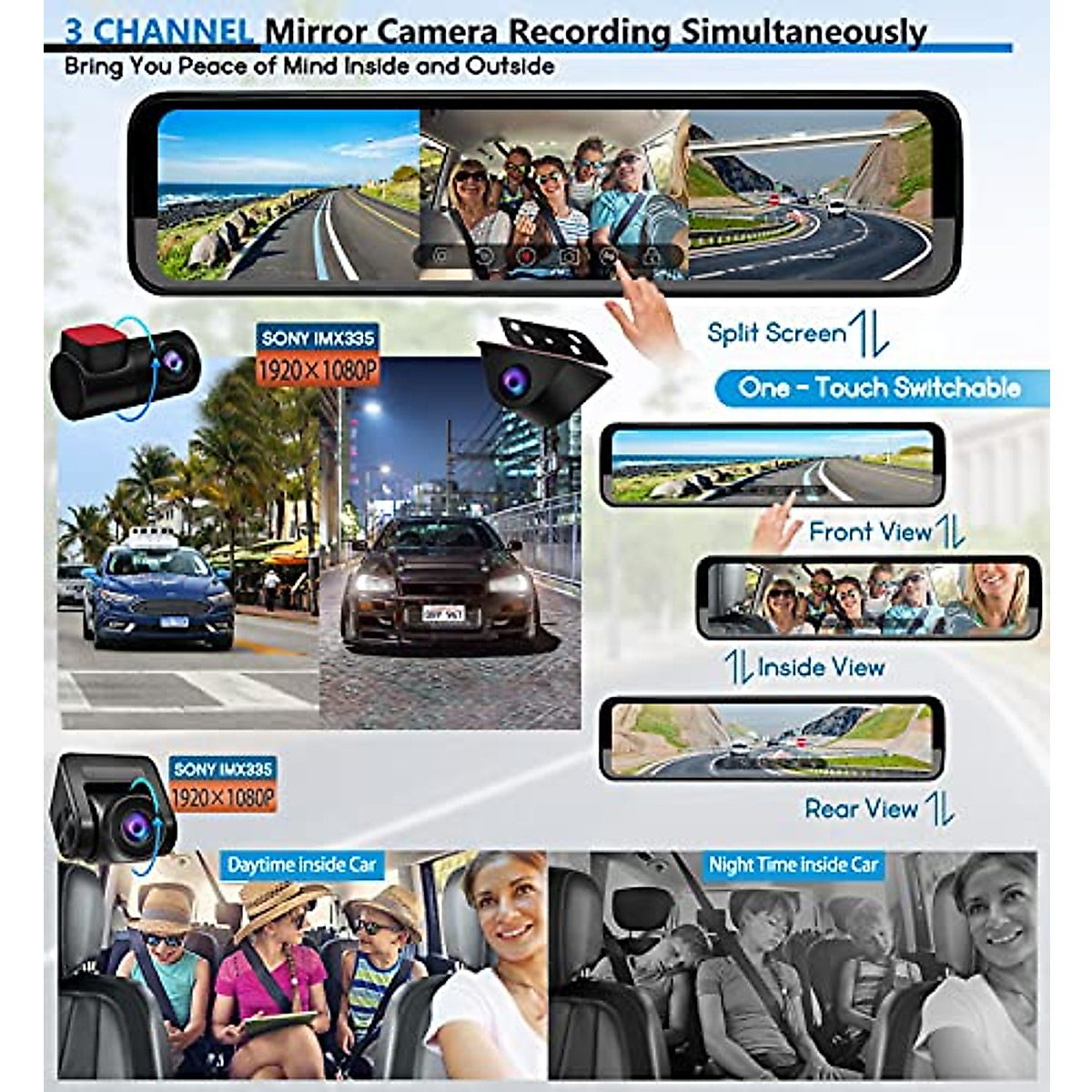 PORMIDO Triple Mirror Dash Cam 12" with Detached Front and in-Car Camera,Waterproof Backup Rear View Dashcam Anti Glare 1296P IPS Touch Screen with Sony Sensor,Starvis Night Vision,GPS,Parking Assist