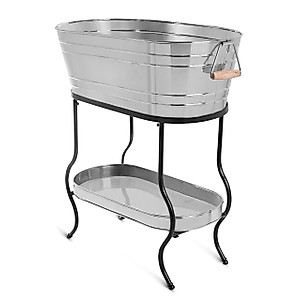 BirdRock Home Stainless Steel Beverage Tub with Stand - Oval - Bottom Tray - Party Drink Holder - Wooden Handles - Outdoor or Indoor Use - Free Standing