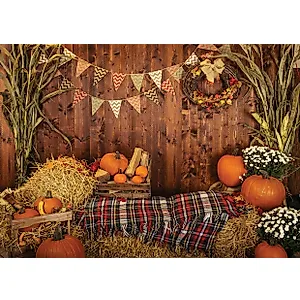 AIIKES 8x6FT Fall Thanksgiving Photo Backdrop Rustic Wood Board Barn Harvest Photography Background Autumn Pumpkin Leaves Flower Baby Birthday Portrait Party Decoration Photo Studio Booth Props 11-741