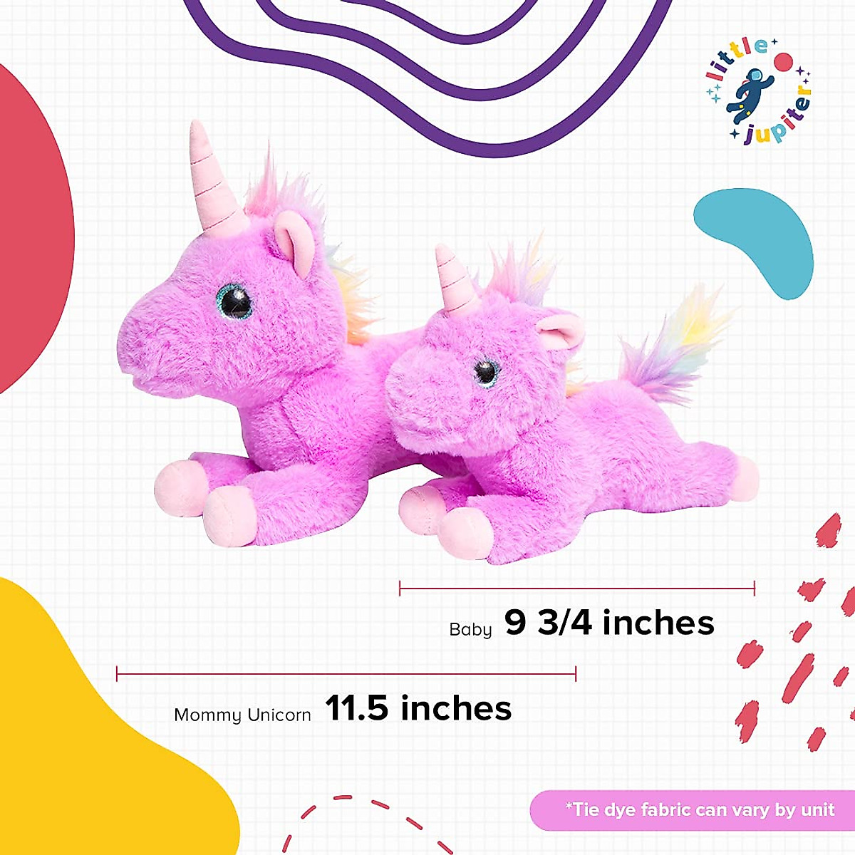 Mommy & Baby Unicorn Gift for Girls 4 - 5 - 6 - 7 yrs - Stuffed Animal Set w/ 2 Purple Plush Toys - Rainbow Purse Bag, Doll Pillow, Blanket, & Birth Certificate Plushies for Birthday (Purple Tie Dye)