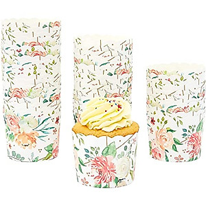 50 Pack Floral Cupcake Wrappers for Wedding, Watercolor Flower Paper Baking Cups and Muffin Liners for Tea Party (2.25 x 2.75 In)