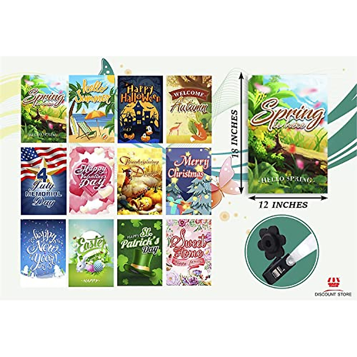 Seasonal Garden Flags Set Of 12 And Garden Flag Organizer, 12 x 18 inch Double Sided Yard Flags, 21 Pockets Of Flag Organizer. Puncture Resistant, Strong Metal Hook, Organizer Easy To See Through