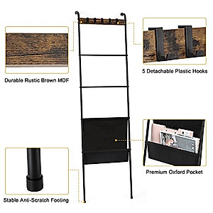 Blanket Ladder Decorative Ladder Holder with 5 Hooks and Pocket 5 Tier Farmhouse Metal Wall Leaning Towel Rack Stand for Bathroom Living Room Laundry Room, Black