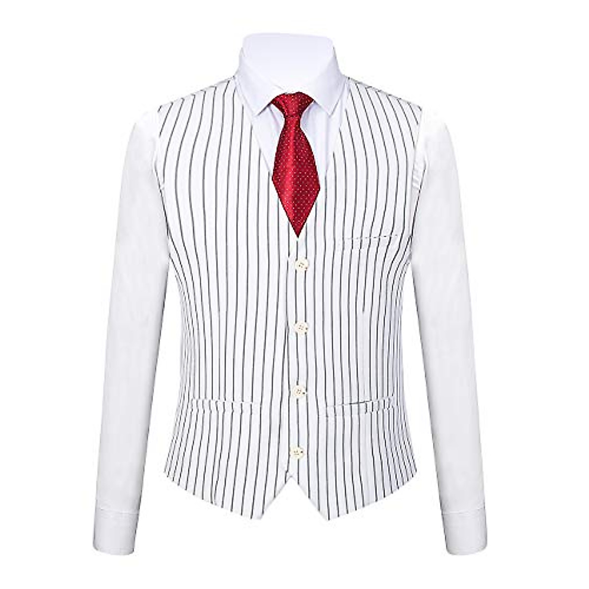 Mens 3 Piece Pinstripe Suit Slim Fit Casual Dress Suits Blazer + Vest + Pants US Size 38 (Asian Size 3XL) White
