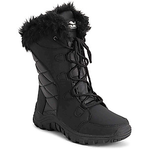 POLAR Womens Quilted Faux Fur Cuff Winter Duck Rubber Sole Durable Snow Rain Outdoor Boots - Black Leather - EU40/US9 - YC0654
