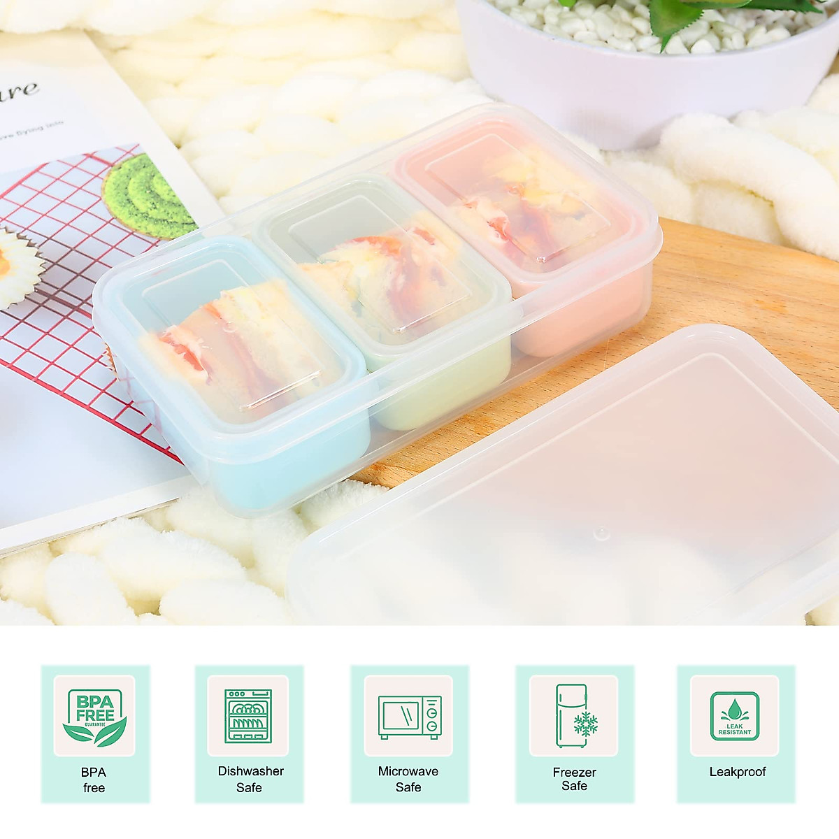 Maizsur 4 Compartment Bento Lunch Box for Kids,Food Storage Containers with Lids,Portion control containers,Salad Dressing and Condiment Containers,Microwave, Dishwasher, and Freezer Safe