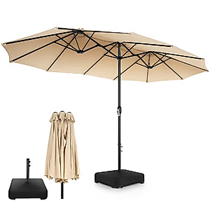 SEJOV 15FT Outdoor Patio Umbrellas with Base Included, Double Sides Market Table Umbrella with Crank System, 12 Steel Ribs and Air Vents, UV Protected Large Deck Umbrella for Garden, Lawn, Poolside