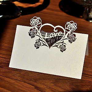 BinaryABC Wedding Party Table Name Place Cards with Rose Love Heart,50pcs - White