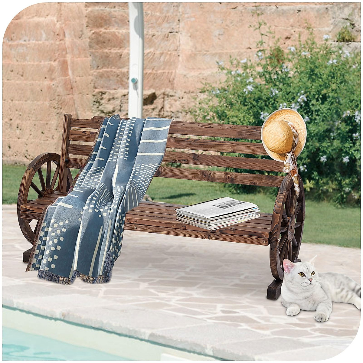 Kinpaw Rustic Wooden Wagon Wheel Bench 3-Person Fir Wood Seat Bench with Backrest for Bench Patio Garden Patio Furniture