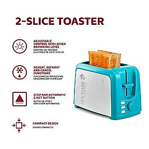 Holstein Housewares - 2-Slice Toaster with 7 Browning Control Settings, Teal/Stainless Steel - Great to Toast Bread, Bagels and Waffles