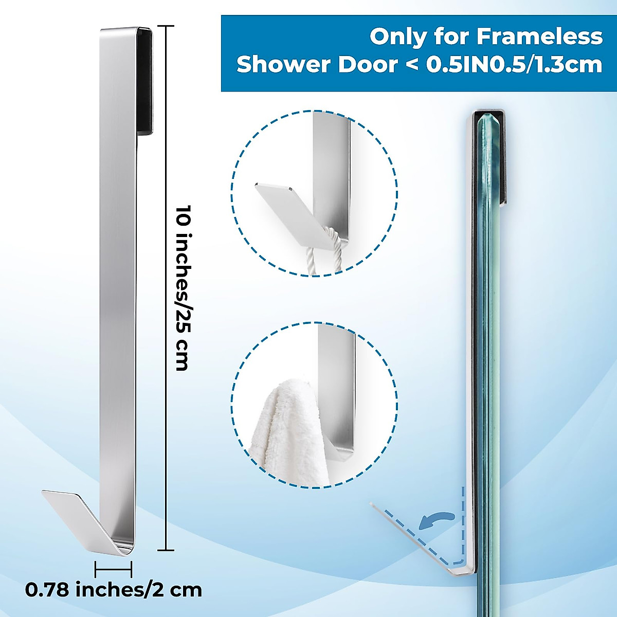Gjinxi 10 inch Shower Hooks Heavy Duty Drilling-Free Over Door Hooks for Bathroom Shower Towel Hook Frameless Glass Shower Door for Robe Towel (Silver)