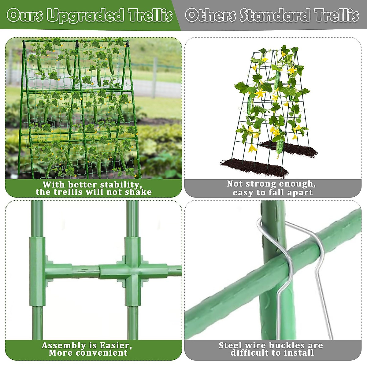 Cucumber Trellis for Raised Beds, 31 X 47 Inch Adjustable Size A-Frame Garden Trellis for Climbing Plant Outdoors with Climbing Net and Plant Support Clip for Vegetable Grape Tomato Garden Supplies