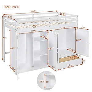 Merax Twin Size Wood Loft Bed with Drawer, Two Wardrobes, and Mirror, Wooden Bedframe with Ladder and Safety Guardrail for Boys Girls Adult, No Spring Box Needed, White