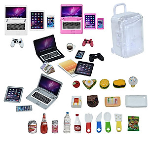 27 Pieces Dollhouse Mini Laptop Tablet and Smart Phone Newspaper Book Miniatures Hamburger Cake Coffee Juice Trolley case DIY Play Game Party Toys Accessories (Silver Set)