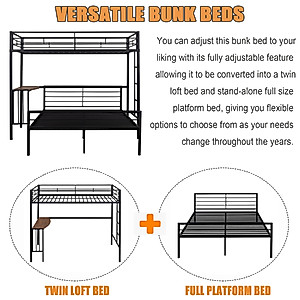 Harper & Bright Designs Metal Bunk Beds Twin Over Full Size,Bunk Beds with Desk, L Shaped Bunk Beds with Built-in Ladder, Full-Length Guardrail, No Box Spring Needed,Black