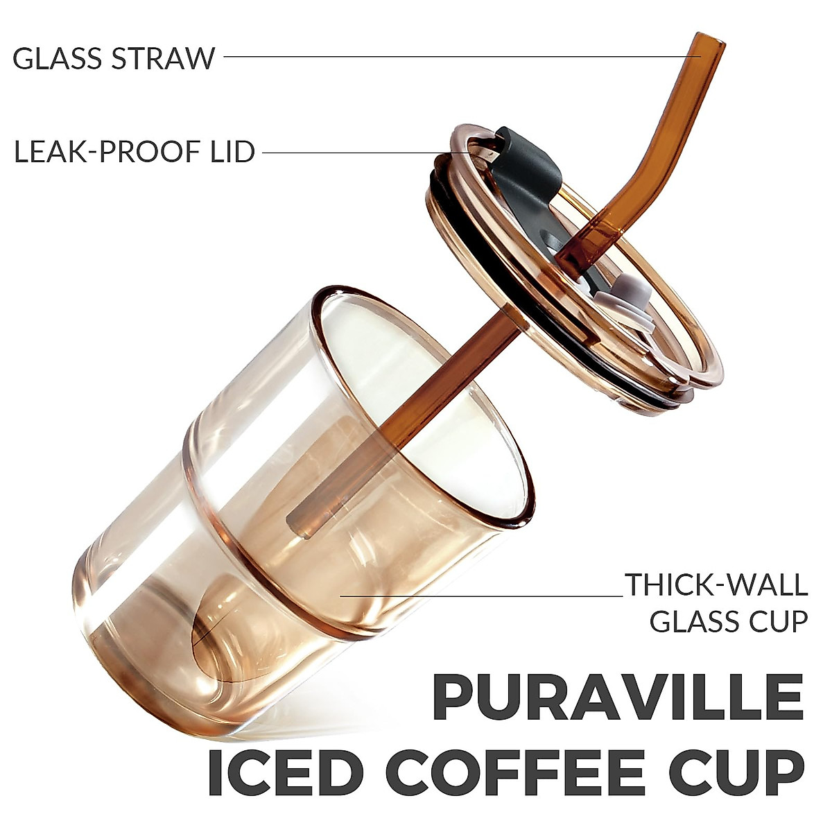 Puraville 12 oz Coffee Cup 2pcs Glass Cups with Lids and Straws Coffee Mug Set with Insulated sleeve Glass Tumbler Drinking Jar, Amber and Gray