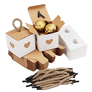 BELLE VOUS 50 Pack Mini White & Brown Heart Gift Boxes - 2 x 2 x 2 inch Wedding & Party Favor Paper Candy Kraft Boxes with Cute Twine Handles