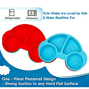 Silicone Divided Toddler Plates - Portable Non Slip Suction Feeding Plates for Children Babies and Kids BPA Free Baby Dinner Plate (Car-Blue)