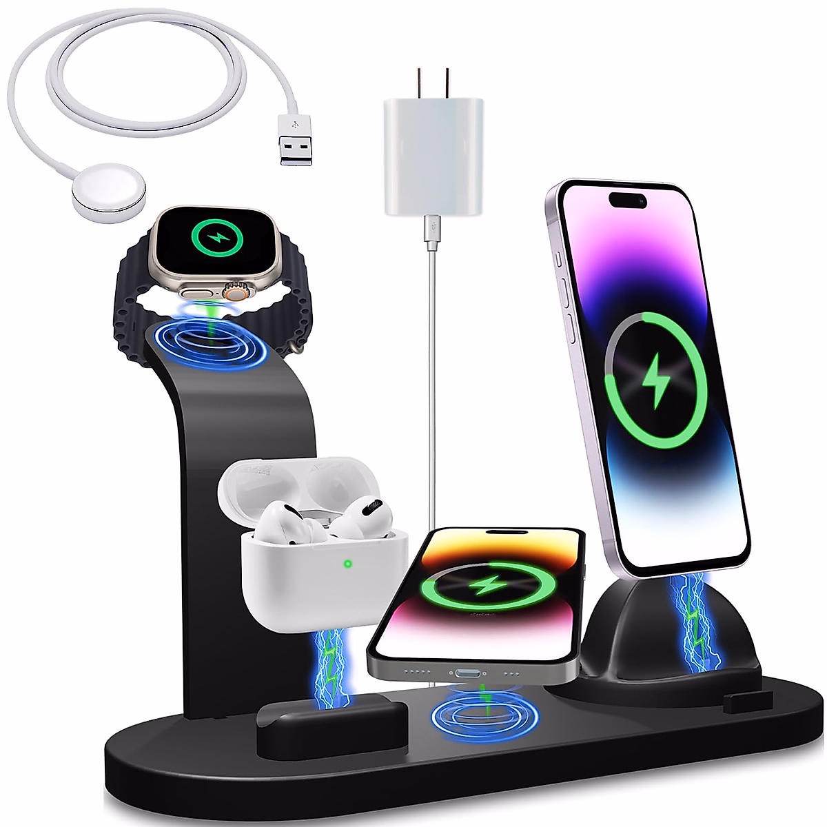 Apple 4 in 1 Wireless Charging Station for iPhone 15/15 Pro Max/15 Plus iPhone 14/13/12/11 Series, Air Pods Pro, Watch Charging for iWatch Series 9/8/7/6/SE, with Adapter & iWatch Charging Cable