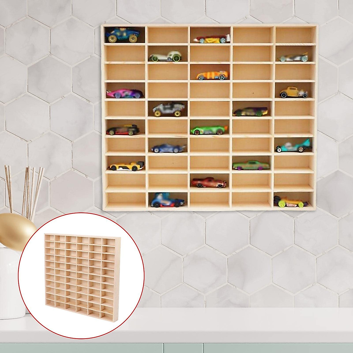 Gralara Wood Car Display Rack Toy, Book Organizer Shelf Shelves,Storage,Toys Storage Stand Organizer for Doll,Diecast Car,Collectibles Counter Store, 66 grids