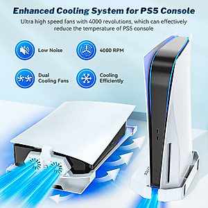 Kytok PS5 Stand & Cooling Fan for Disc & Digital Editions, Horizontal & Vertical Stand with Cooler for Playstation 5 Console