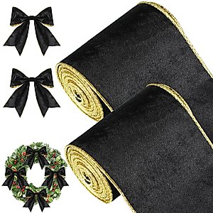 WILLBOND 2 Rolls Christmas Red Velvet Ribbon Wired Edge Trim Wrapping Fabric Christmas Ribbon for Gift Wrapping Bow Wedding Decoration Craft(4 Inch x 6 Yards,Black)