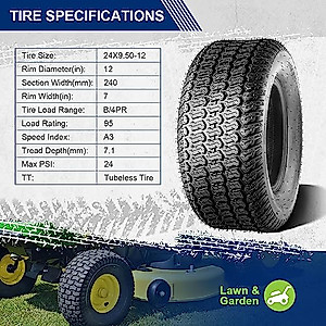MaxAuto 24X9.50-12 Turf Lawn Mower Tractor Riding Tire P332 4PR Load Range B,2Pcs