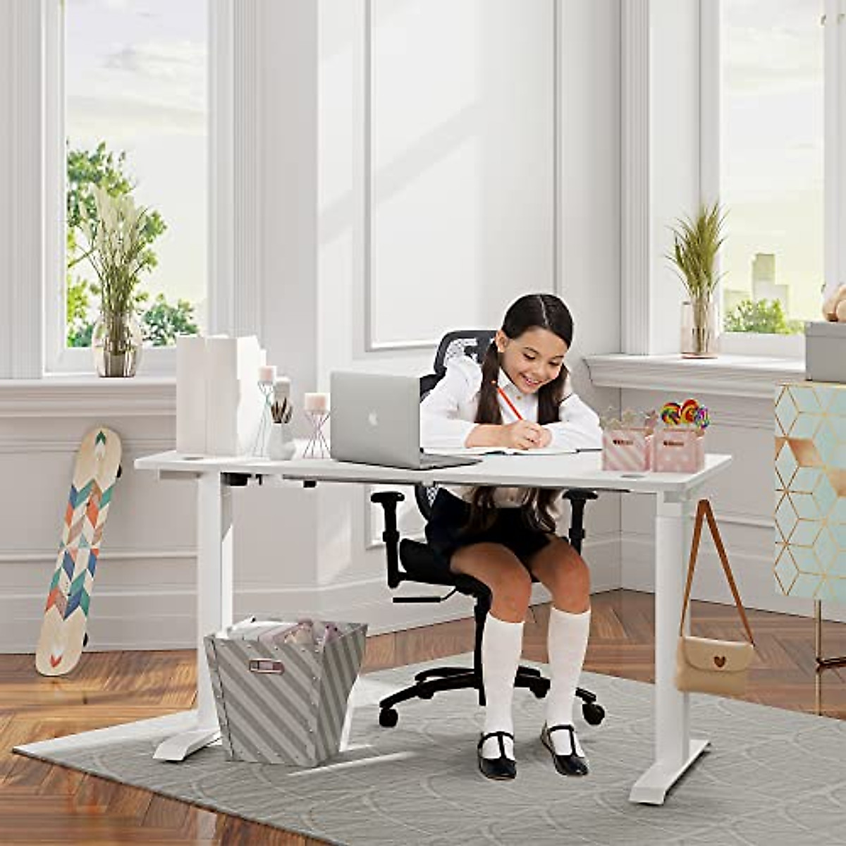 Meilocar Height Adjustable Electric Standing Desk, Sit Stand Computer Desk with Memory Controller, Home Office Workstation Stand up Desk with Splice Board, 48" x 24" Tabletop (White Top + White Frame)
