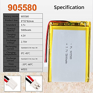 AKZYTUE 3.7V 5000mAh 905580 Lipo Battery Rechargeable Lithium Polymer ion Battery Pack with PH2.0mm JST Connector