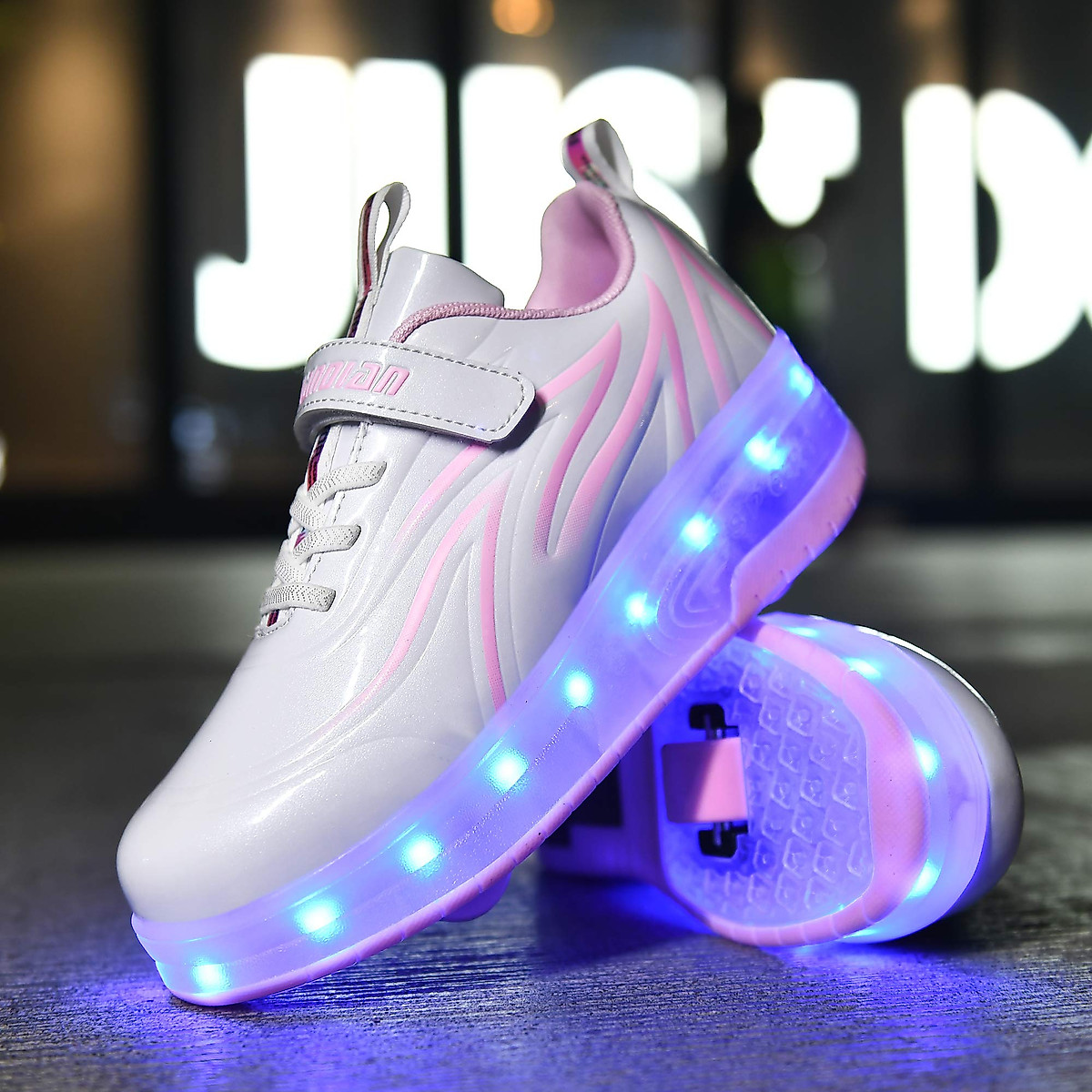 HHSTS kids shoes with Wheels LED light color shoes shiny roller skates skate shoes simple kids gifts boys girls The best gift for party birthday Christmas day(3 Little Kid,White pink)
