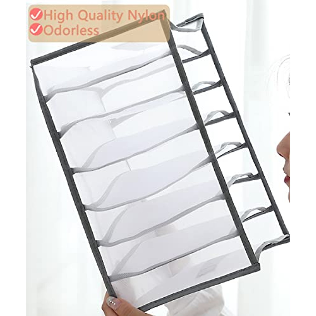 MUIRK Upgraded Wardrobe Clothes Organizer for Jeans/T-Shirts/Socks/Bra,7PCS Clothes Organizer for Folded Clothes,Designed with Transparent Nylon Mesh(7PCS:2Jeans+2Shirt+1Panties+1Sock+1Bra)