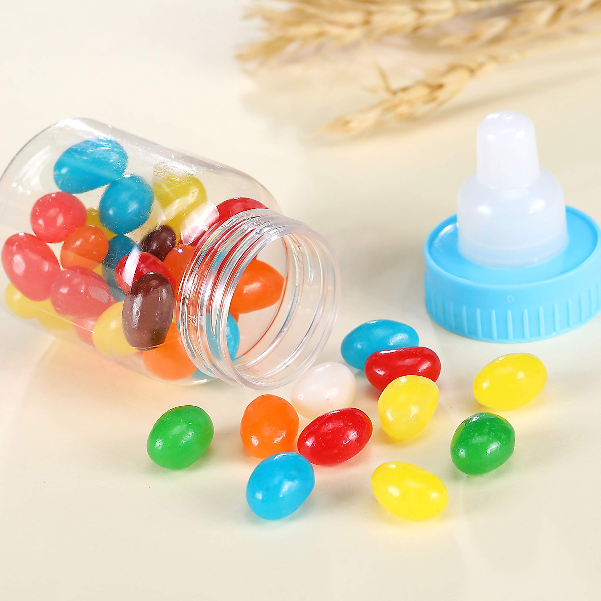 12 Pack Candy Bottles 10 Yards Ribbon and 48 Pack Acrylic Mini Pacifiers for Baby Shower Party Favors Decorations and Supplies by WeddParty (Blue A, 12)