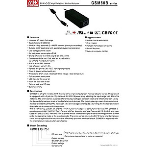 Mean Well GSM60B12-P1J Power Supply, Switching Medical Table Top, 12V at 5A, 60 W, 12 Volts, 5 Amps, 60 Watts, 4.9" L x 1.9" W x 1.3" H