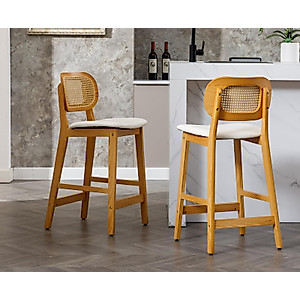 EALSON Counter Height Bar Stools Set of 2 Rattan Back Farmhouse Barstools Mid Century Modern Wood Bar Chairs Comfortable Sherpa Upholstered Kitchen Island Chairs for Pub/Breakfast Bar, Beige