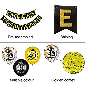 Mocossmy 40th Birthday Party Decorations Kits,Happy Birthday Hanging Swirls & Cheers Birthday Banner & Balloons Black and Gold Birthday Party Supplies for Women Men Gifts Indoor Outdoor Birthday Decoration