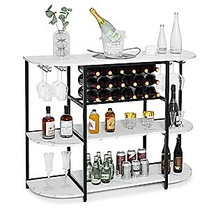 Giantex Wine Bar Cabinet, Wine Racks for 18 Bottles, Glass Holder, 47” Floor Stationary Island, Baker Rack, Storage Shelf for Kitchen, Dining Room, Living Room (White)