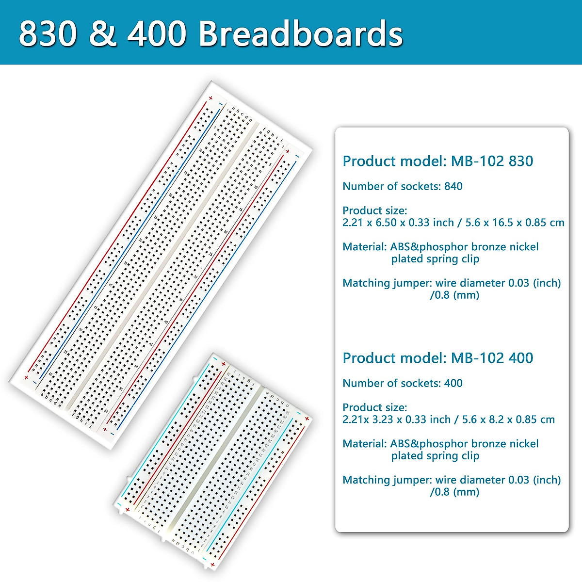 Minidodoca Breadboard Jumper Wires Kit 4pcs 400&830 Point Solderless Breadboards with Power Supply Module,140pcs 0.08"- 4.92" U-Shape,65pcs 4.7"-9.4",120pcs Length 8" M/M F/M F/F Dupont Jumper Wire