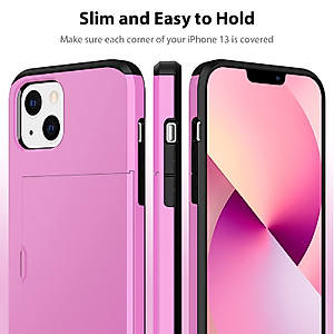 Jiunai Compatible with iPhone 13 Mini Case, Credit Card IDs Holder Wallet Back Pocket Slide Cover Card Slot Dual Layer Bumper Shell Rubber Cover Phone Case Designed for iPhone 13 Mini 5.4'' 2021 Pink