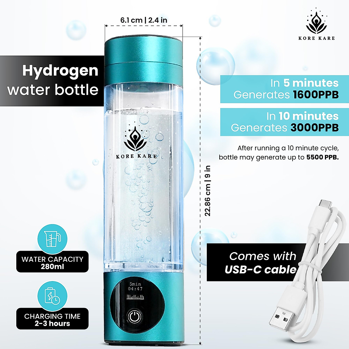 Hydrogen Water Bottle, Hydrogen Water Bottle Generator Produces Pure Hydrogen Water, SPE/PEM Technology, OLED Display, Purification Vent, Generates up to 5500 PPB, Best Hydrogen Water Generator.
