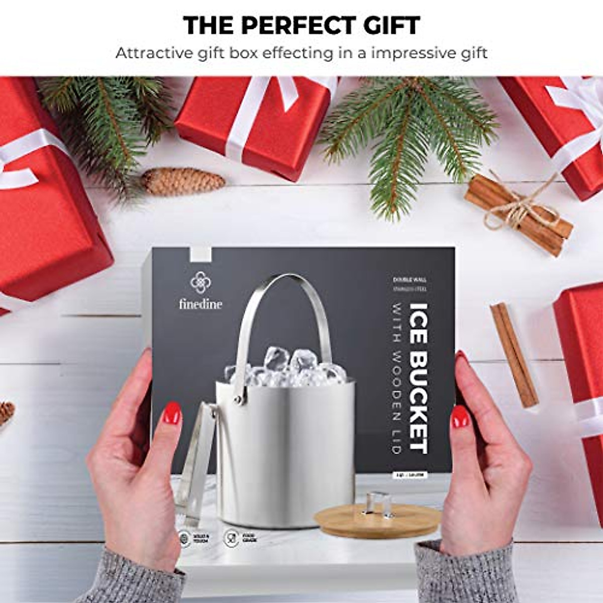 Double- Wall Stainless Steel Insulated Ice Bucket With Lid and Ice Tong - [3 Liter] Modern Bamboo Lid With Built-In Tongs- Comfortable Carry Handle- Great for Home Bar, Chilling Beer Champagne