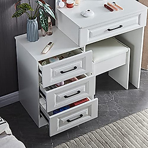 Kkonetoy Makeup Vanity Desk with Lighted Mirror, Dressing Table Set with Stool and Drawers, White, 47" H x 31.5" W x 14.2" W