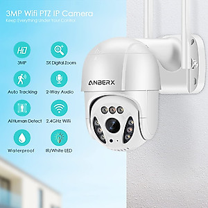 ANBERX Security Camera Outdoor, WiFi Wireless Surveillance Cameras 2K 3MP HD & Pan/Tilt/Zoom Cam with Night Vision,2-Way Audio,Motion Detection,Weatherproof 2.4Ghz Camera for Home/Office/Garden