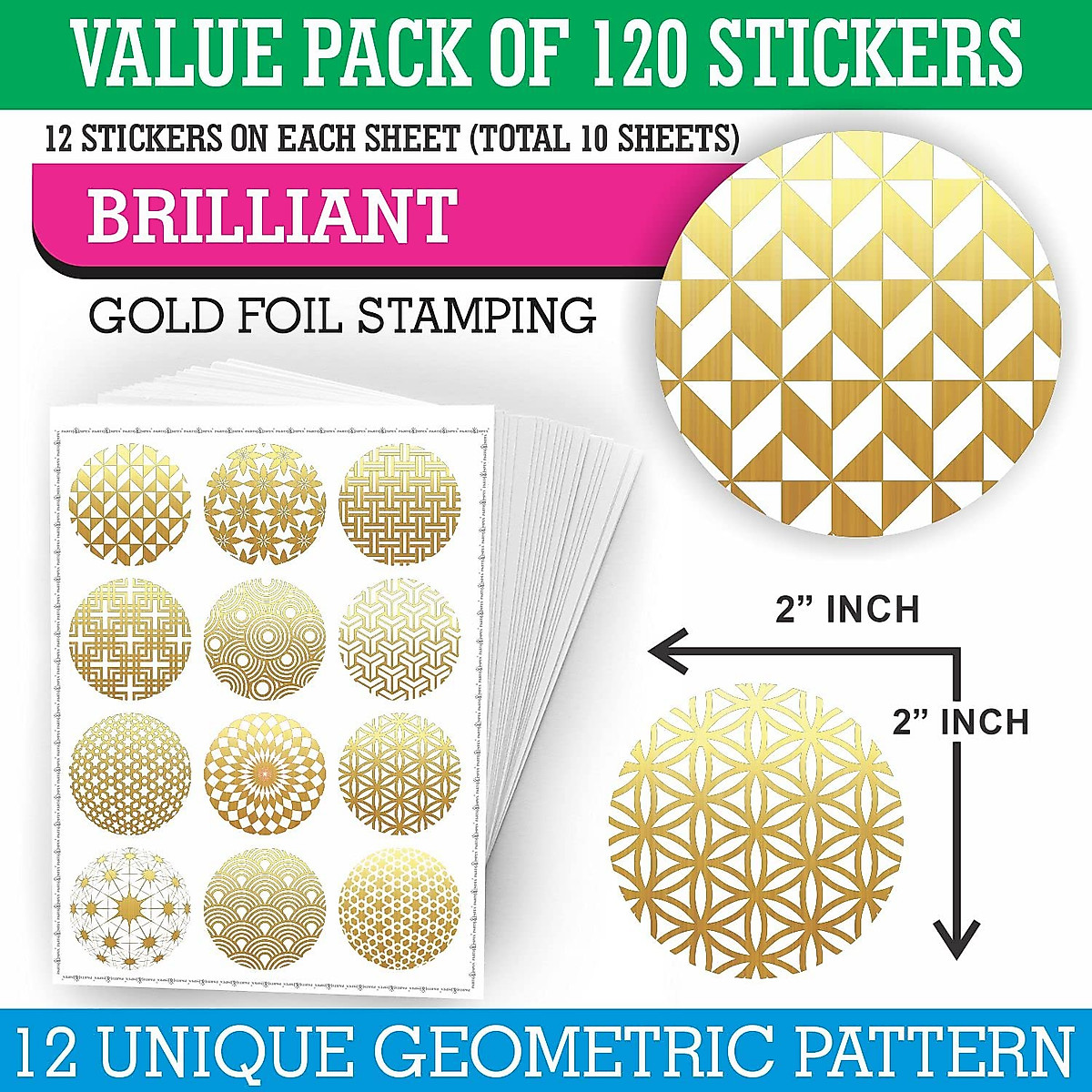 PARTH IMPEX Decorative Gold Stickers Envelope Seals - (Pack of 120) 2" Large Round Labels for Christmas Happy Holidays New Year Birthday Cards - Geometric Pattern