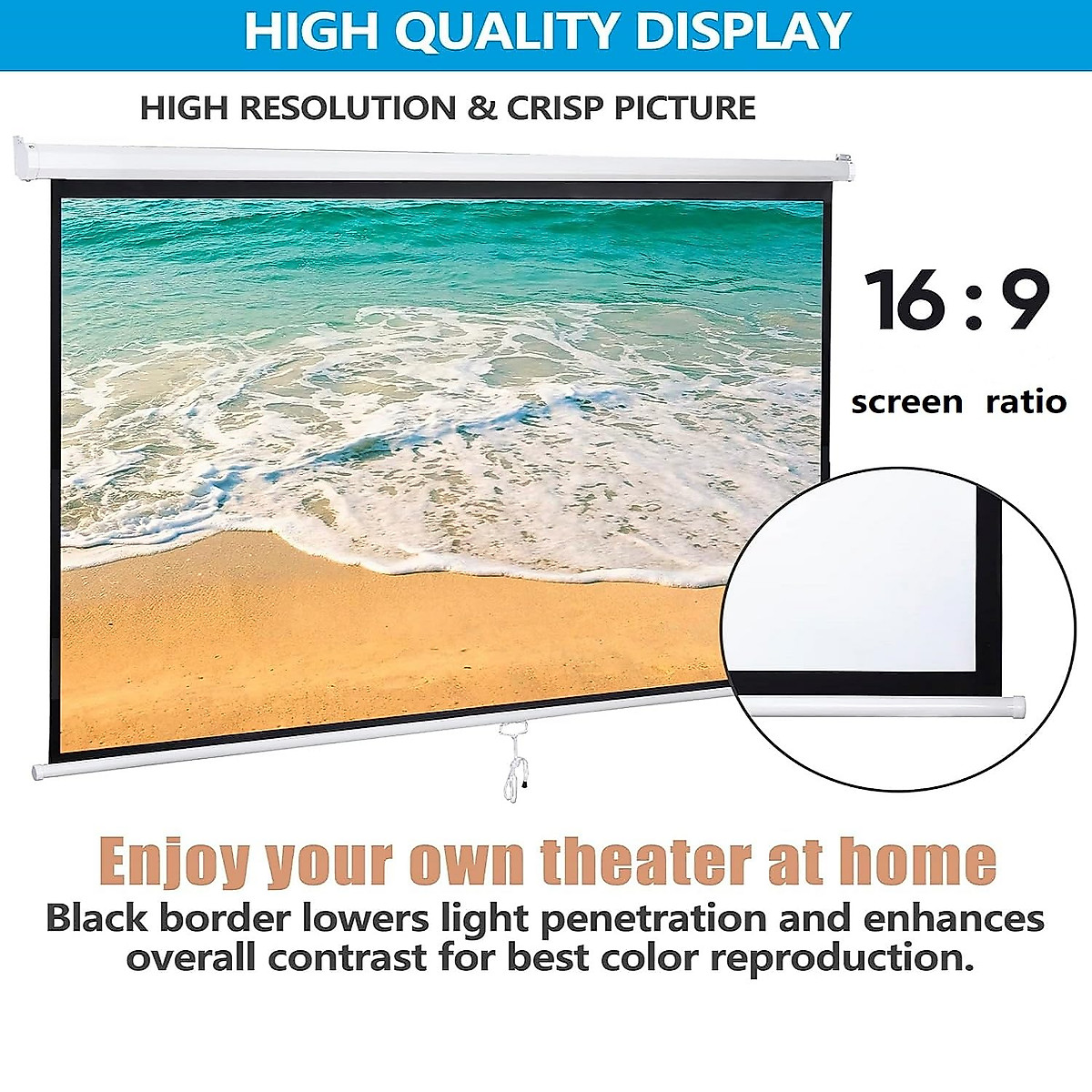 ZENY Projector Screen Pull Down 100 Inch 16:9 HD Projection Screen Folding Home Theater Portable Indoor Outdoor Movie Screen