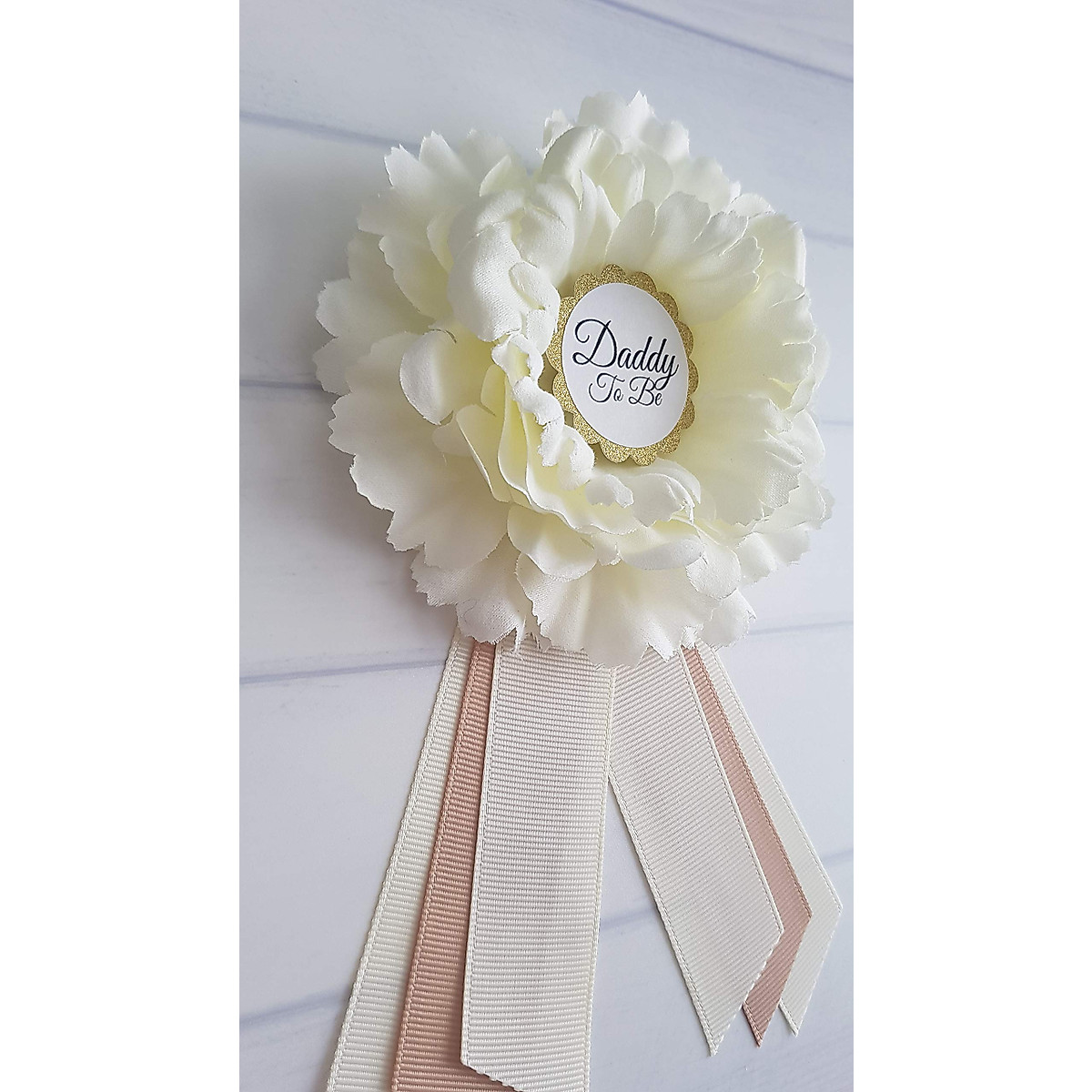 Mom To Be Sash and Dad To Be Pin By LMC | Baby Shower Belly Sash and Corsage | USA Handmade | Heat Sealed Ends | Ivory and Beige (Daddy to be pin)
