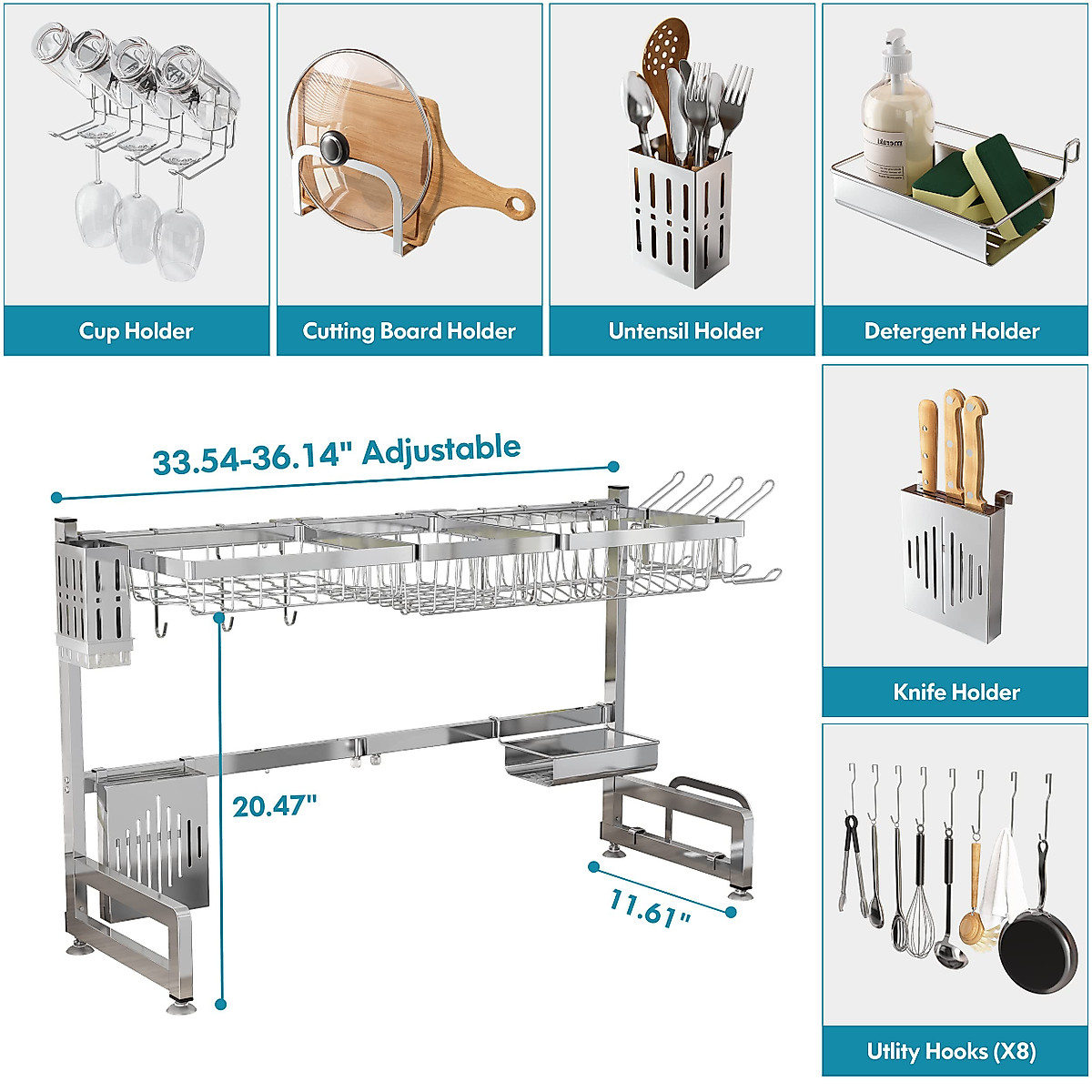 romision Over The Sink Dish Drying Rack, 2-Tier Adjustable Length(33.5-36.2in) Stainless Steel Dish Rack Over Sink, Expandable Large Dish Drainer for Kitchen Counter with 8 Hooks, Sliver