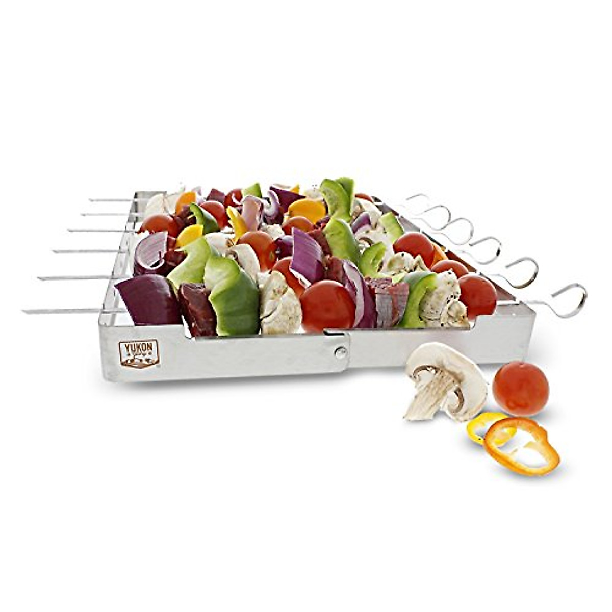Yukon Glory BBQ Skewer Rack for Grilling Shish Kebob and skewers, Durable Foldable Stainless Steel with 6 Skewers