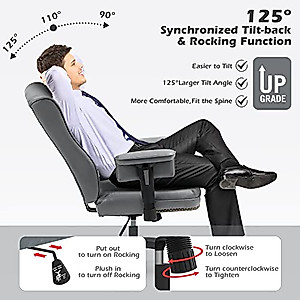 YAMASORO High Back Executive Office Chair with Rubber Wheels and Armrests,PU Leather Home Office Desk Chairs Comfortable Ergonomic Computer Chairs for Adults,Grey